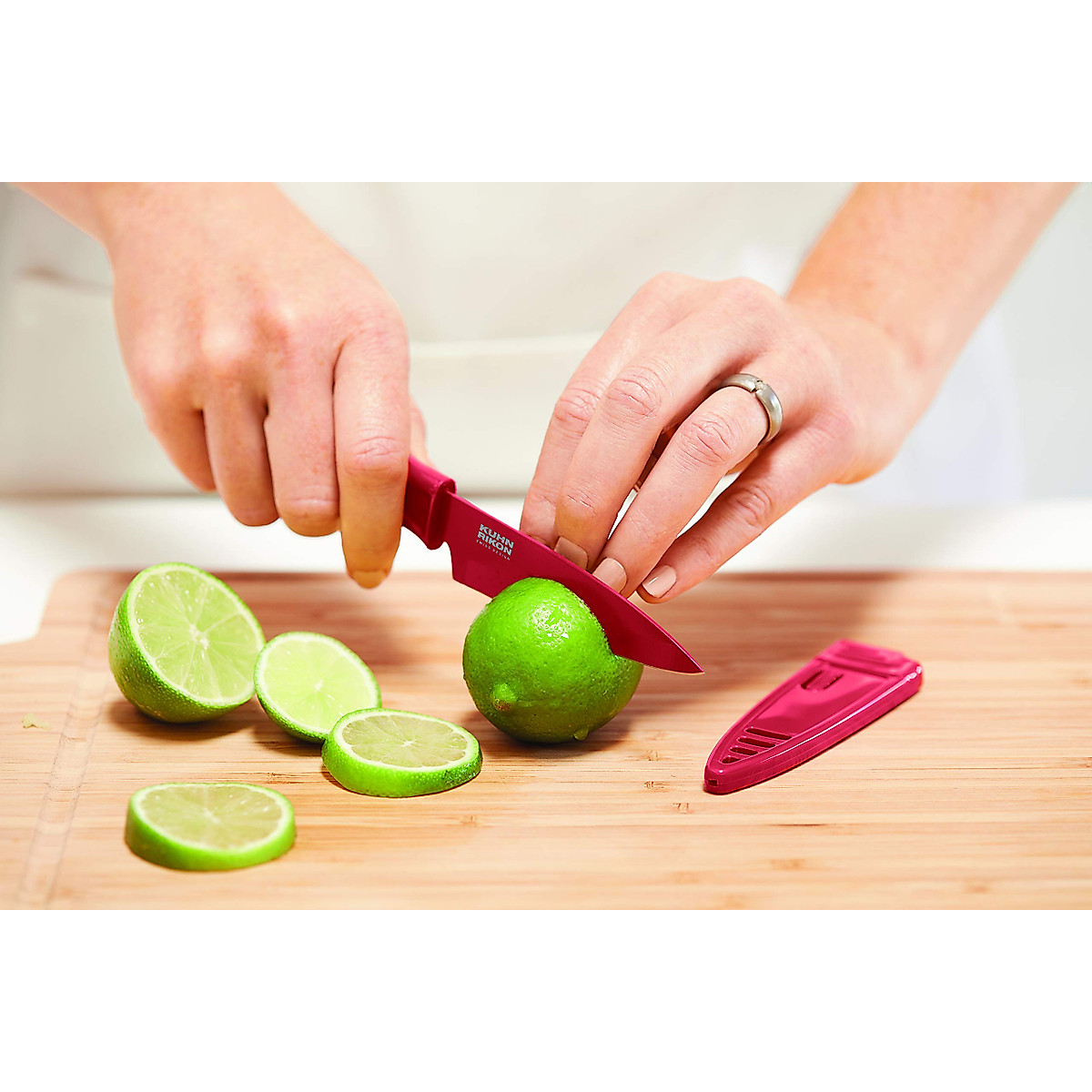 KUHN RIKON COLORI Non-Stick Straight Paring Knife with Safety Sheath, 4 inch/10.16 cm Blade, Red