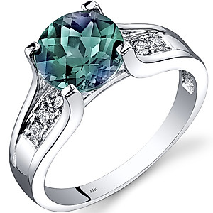 PEORA Created Alexandrite and Genuine Diamond Cathedral Ring for Women in 14K White Gold, Color Changing 2.25 Carats Round Shape 8mm, Comfort Fit, Size 8