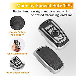 CTRINEWS for BMW Keychain with Leather Keychain, Advanced Soft TPU Surface Grain Key Fob Holder for Classic Style BMW Smart Key(Silver)