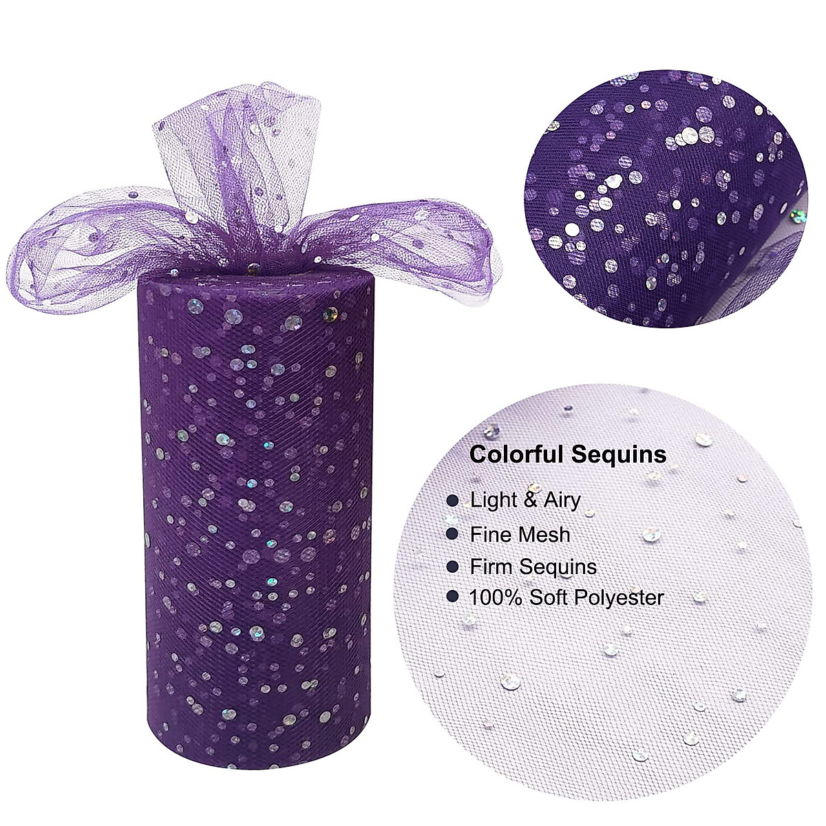 Glitter Tulle Rolls, 6” by 50 Yards (150FT) Sparkling Tulle Spool Ribbon Sequin Tulle Netting Fabric for Tutu Skirt Wedding Birthday Baby Shower (Purple)