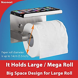 Adhesive Toilet Paper Holder with Shelf, SUS304 Stainless Steel Toilet Paper Roll Holder, Mega Roll Tissue Roll Paper Dispenser, No Drilling or Wall Mounted with Screws