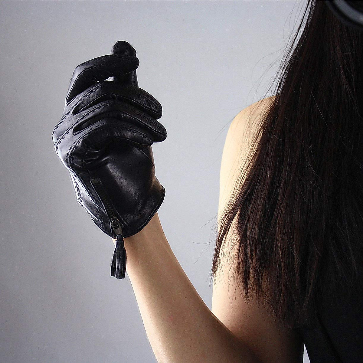 DooWay Short Black Touchscreen Real Leather Gloves, Imported Goatskin Leather Tassel Zipper Unique Pop Finger Gloves,size L