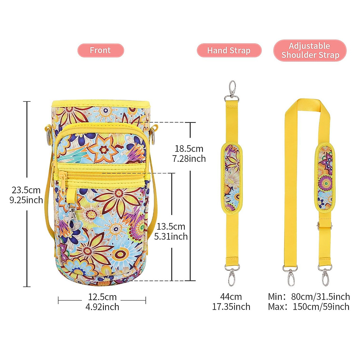 AJLTPA Half Gallon Water Bottle Sleeve with Strap and 2 Pockets, 64 oz Water Bottle Sleeve Carrier Compatible with Yeti & RTIC Half Gallon Jugs, 64oz Hydro Flask (Floral Sugar Skull)