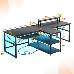 SEDETA 94.5" Office Computer Desk, 2 Person Gaming Desk with Storage, LED Lights, Keyboard Tray, Power Strip with USB & Monitor Stand, Long Two Person Desk for Home Office, Black