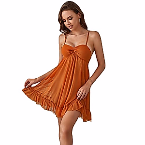 Verdusa Women's Ruched Mesh Ruffle Hem Night Dress Sleepwear Babydoll Nightgown Burnt Orange XL