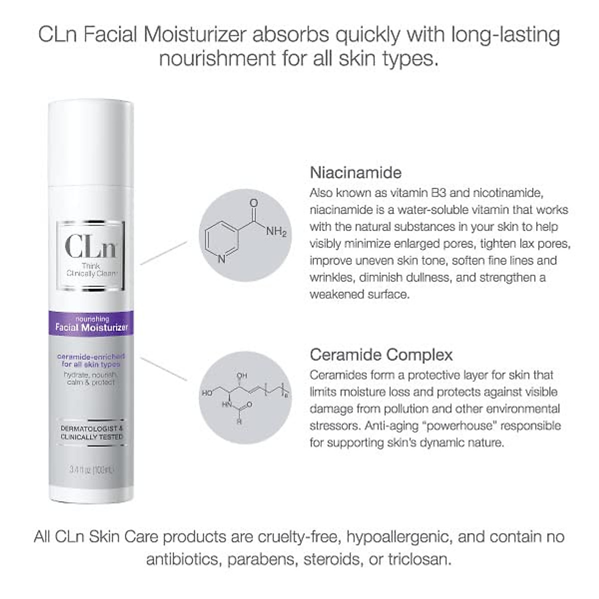 CLn® Facial Moisturizer - Soothes & Calms Skin, Helps Reduce Appearance of Redness, Locks in Moisture without Clogging Pores, Dermatologist & Clinically Tested, 3.4 oz.