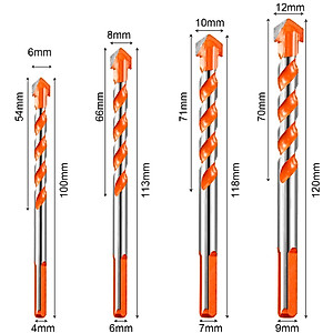 10 Pcs Drill Bits, Triangle Drill Bit, Multifunctional Drill Bits, Punching Drill Bits for Concrete, Tile, Glass, Ceramic, Brick, Wood and Plastic, Bits for Power Drills, 6/8/10/12 mm (Orange)