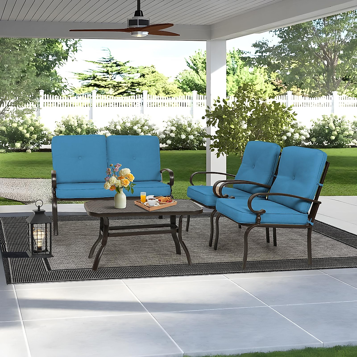 Oakmont 5Pcs Outdoor Furniture Patio Conversation Sets Loveseat, 2 Motion Spring Chairs with Coffee Table, Metal Frame Chair Set (Peacock Blue)