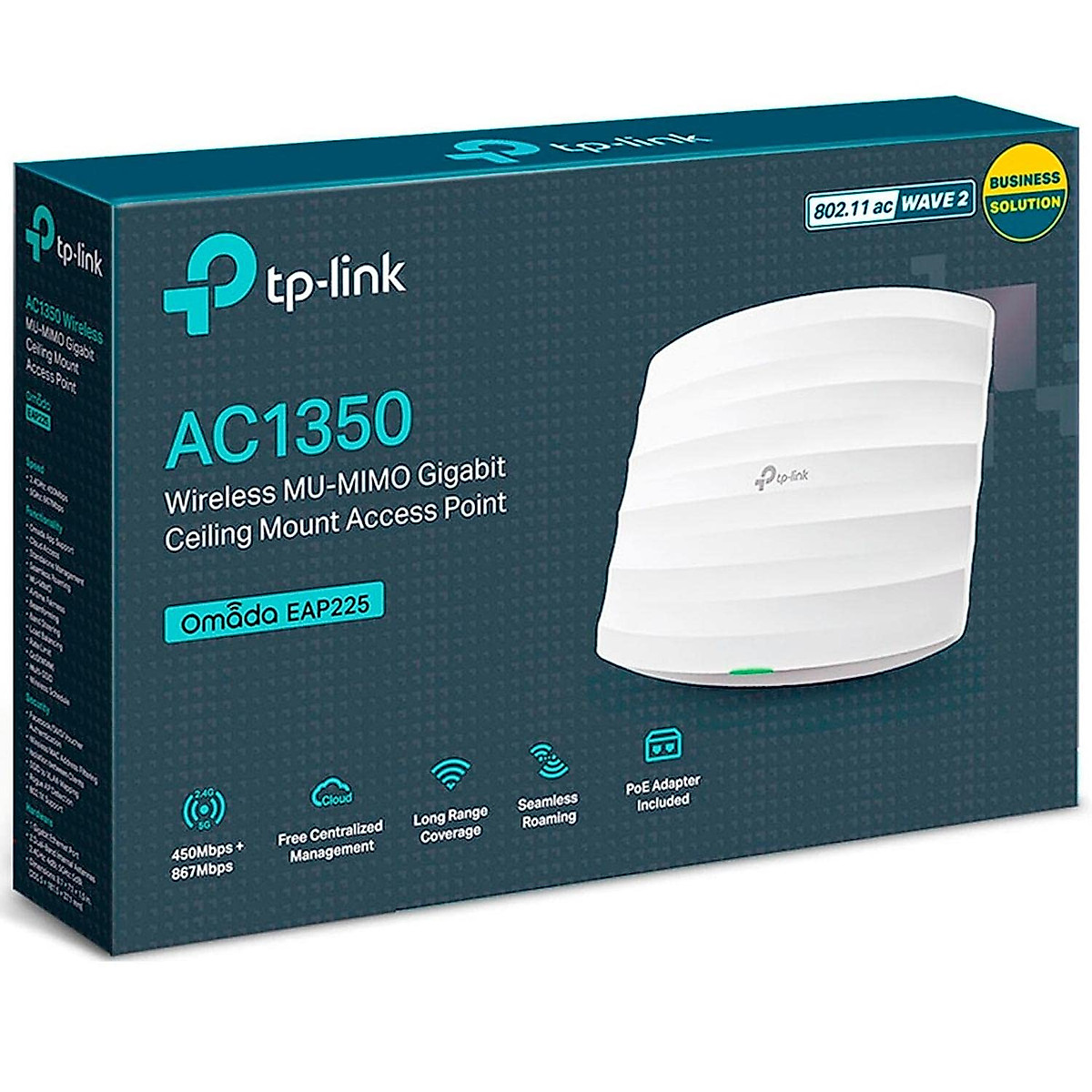 TP-Link EAP225 Point d'Accès Wi-Fi Double Bande AC 1350Mbps PoE Gigabit - Plafonnier (300Mbps en 2.4GHz + 867Mbps en 5GHz, 1 port Gigabit, Support PoE)