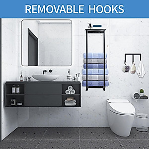 HOTNIU Towel Racks for Small Bathroom Wall Mounted, Vertical Towel Storage with Metal Shelf and 3 Hooks, Bath Towel Rack for Rolled Towels, Black Towel Holder for Large Bath Sheets Towels