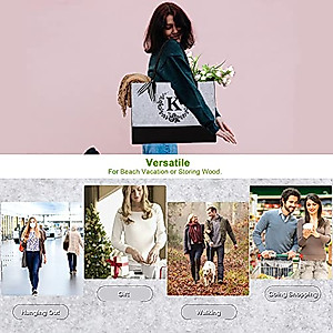 BeeGreen Felt Monogram Tote Bag Initial Tote Bag w Inner Pocket Stand Upright Utility Tote Bag Personalized Gifts for Women Teacher Wedding Bridesmaid Birthday Beach Handbag for Shopping Groceries K