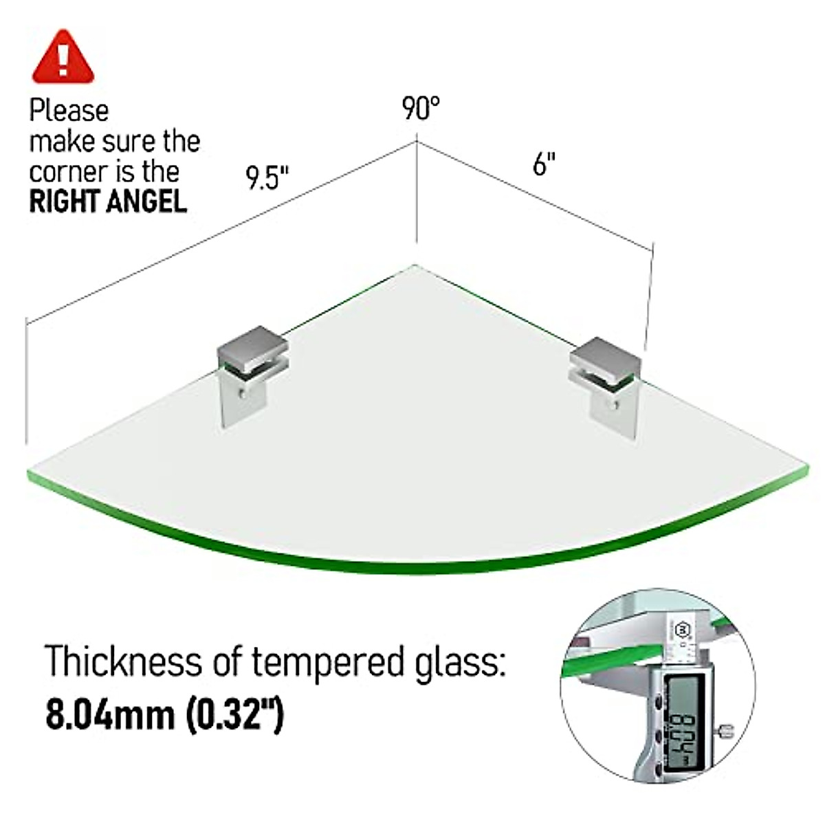 Bakzon 2-Pack Glass Corner Shower Shelves, Shower Wall Shelves for Inside Shower, Drill Free Shower Caddy Organizer with Aluminum Brackets for Bathroom