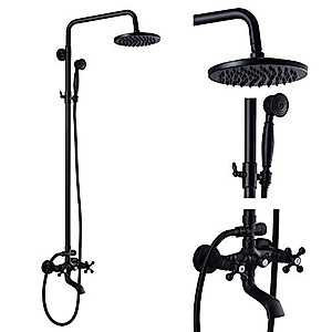 gotonovo Matte Black Wall Mounted Bathroom Rainfall Shower Faucet System Set Mixer 8-Inch Round Head Double Cross Handles Bathroom Bathtub Hand Spray Tub Spout Bathroom Fixtures