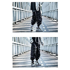 MOKEWEN Men's Multi Straps Cargo Pockets Streetwear Jogger Ankle Ninth Pants with Elastic Waist Drawstring Black W 32-33