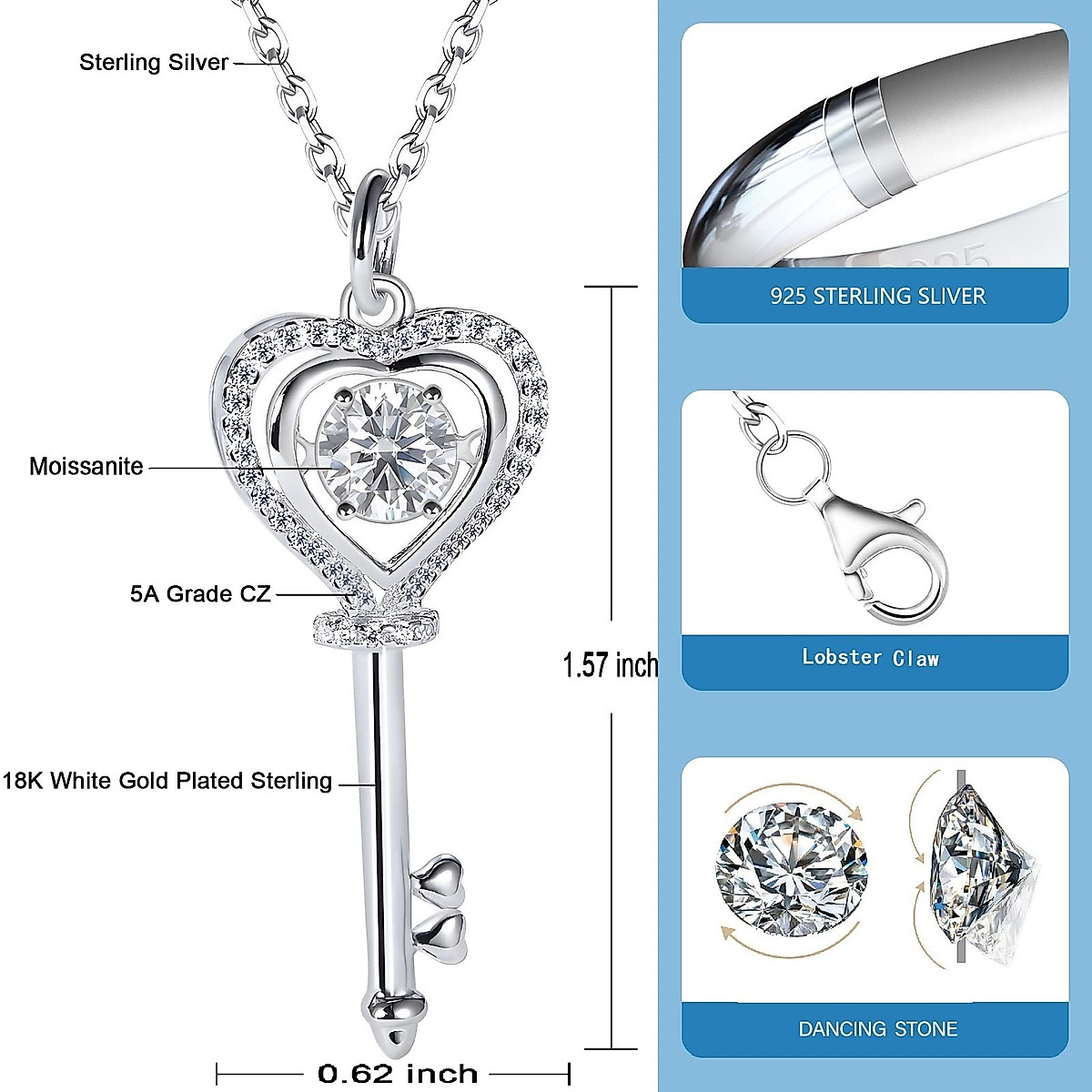 HOLYCOME Diamond Key Necklace for Women,Mothers Day for Daughter 1Carat Moissanite Dancing Pendant Chain,Simulated Diamond Jewelry Sterling Sliver Floating Necklace Gift for Wife Mom