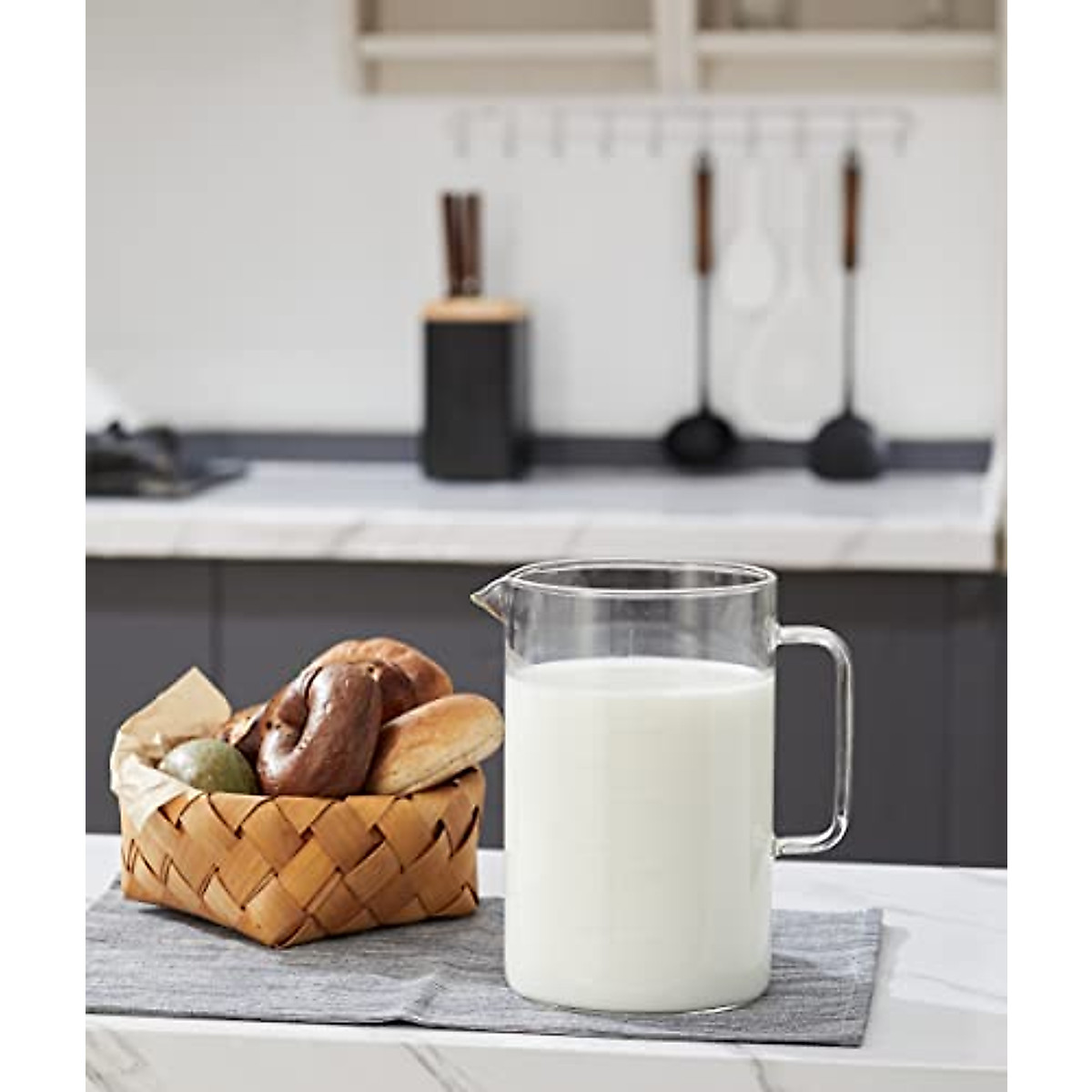 Glass Water Pitcher with Scale Line, Dinner Table Pitcher, Large Serving Carafe for Water, Juice, Sangria, Lemonade, and Milk, Clear Glass Beverage Pitcher (Clear, 85 oz)