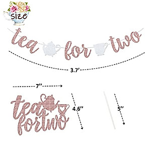 Tea for Two Rose Gold Glitter Banner Sign Garland With Teapot Teacups Pre-strung & Tea for Two Cake Topper for 2nd Second Birthday Tea Party Decorations