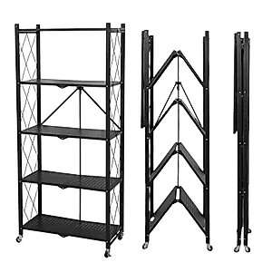 ExGizmo Storage Shelves,5-Shelf Foldable Metal Garage Shelveing with 4 Wheels,Large Capacity Shelving Unit,No Assembly Organizer Rack,Movable Storage Rack for Room,Kitchen,Grocery Room (Black)