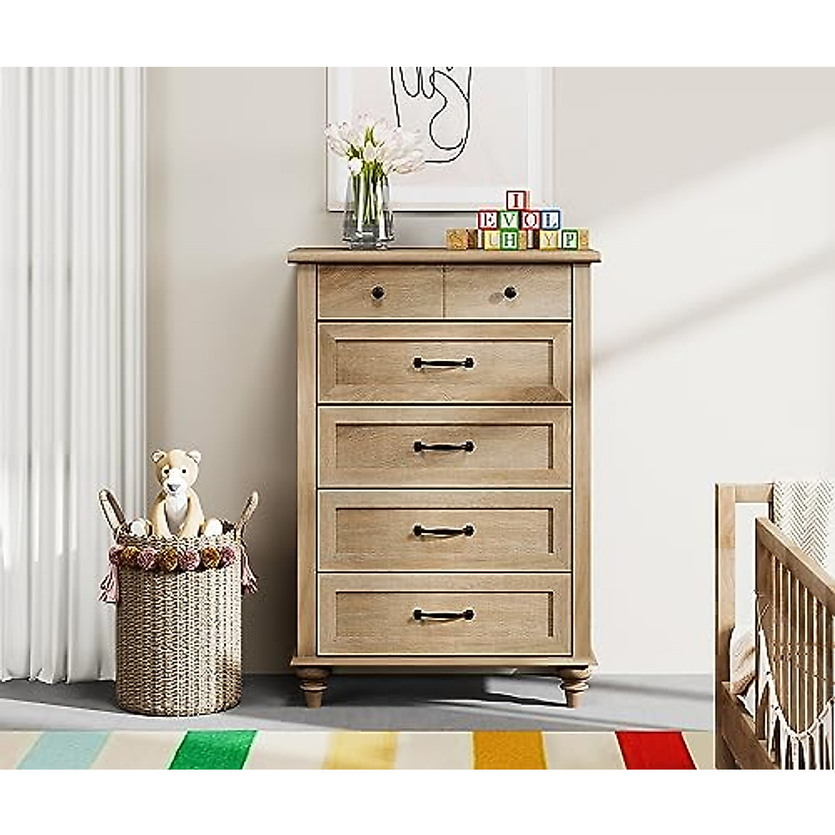 WAMPAT Oak Dresser for Bedroom with 5 Drawers, Tall Kids Dressers with Wide Chest of Drawers, Mid Century Modern Wooden Closet Storage Organizer, Small Dressers for Nursery, Living Room, Hallway