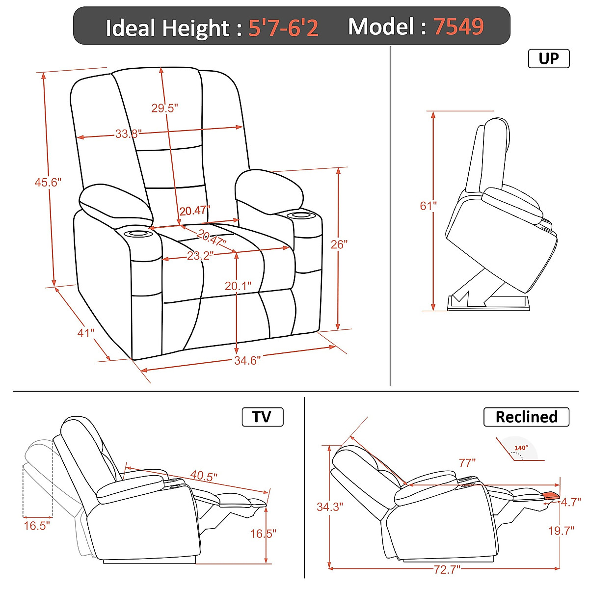 MCombo Large Power Lift Recliner Chair Sofa with Massage and Heat for Big and Tall Elderly People, 3 Positions, Cup Holders, and USB Ports, Fabric 7549 (Large, Burgundy)