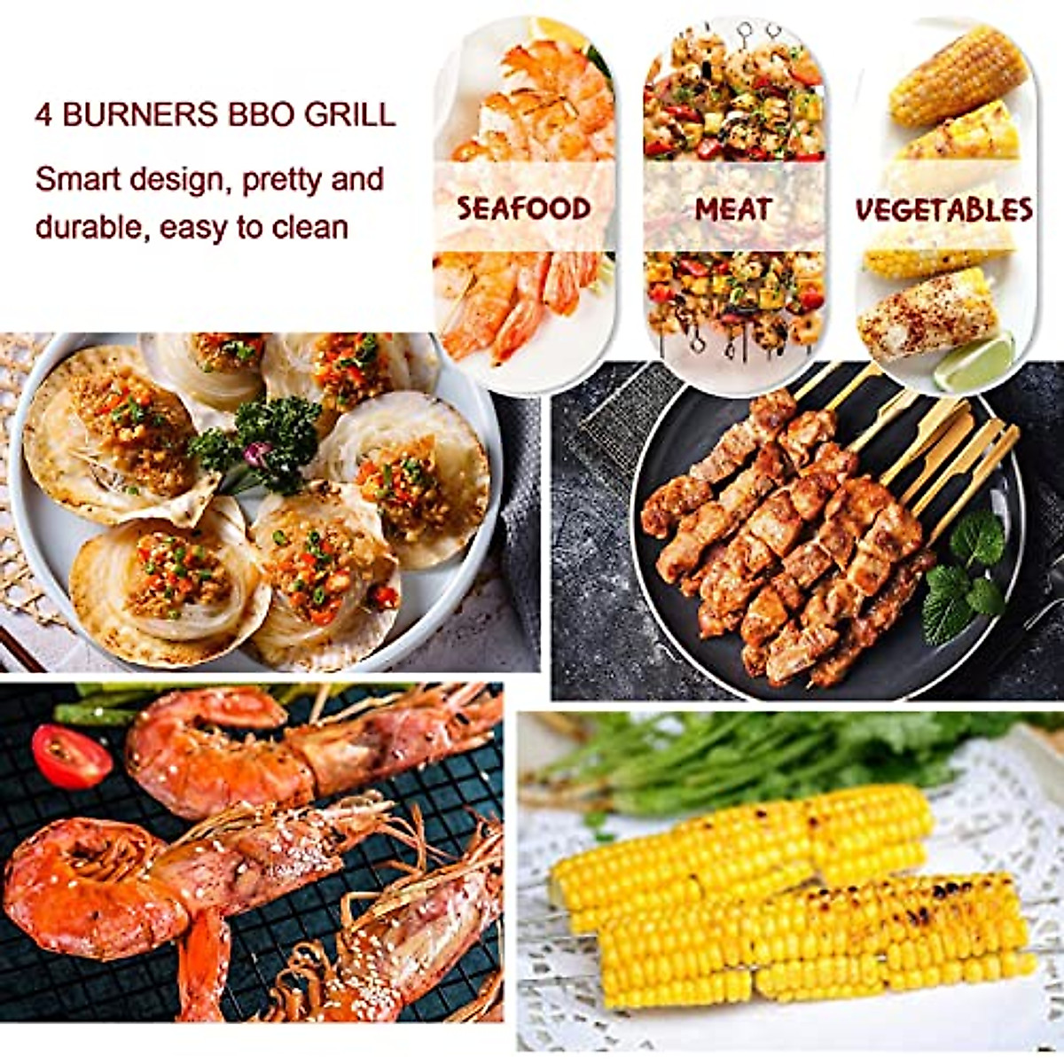 ZHIRCEKE Stainless Steel 4 Burners Gas Stove BBQ LPG Grill - Portable Tabletop Barbecue Gas Grill for Picnic Camping Festival Garden