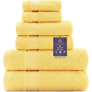 COZYART Light Yellow Luxury Bath Towel Set, Turkish Cotton Hotel Towel Bulk for Bathroom, Thick Bathroom Set of 6 Pcs with 2 Large Bath Towels, 2 Hand Towels, 2 Washcloths, 650 GSM.