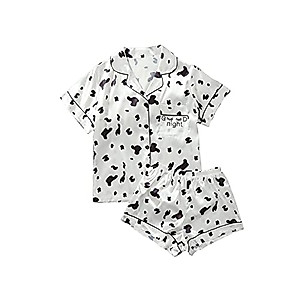 WDIRARA Women's Sleepwear Cow Print Satin Short Sleeve Shirt and Shorts Pajama Set Black and White L