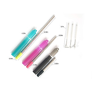 MANGKHUT 3 Pack Metal Reusable Straws with Silicone Tip & Carrying Case & Cleaning Brush, Compact Portable Stainless Steel Drinking Straws with Telescopic Design up to 8.46 inch, Gray & Green & Pink
