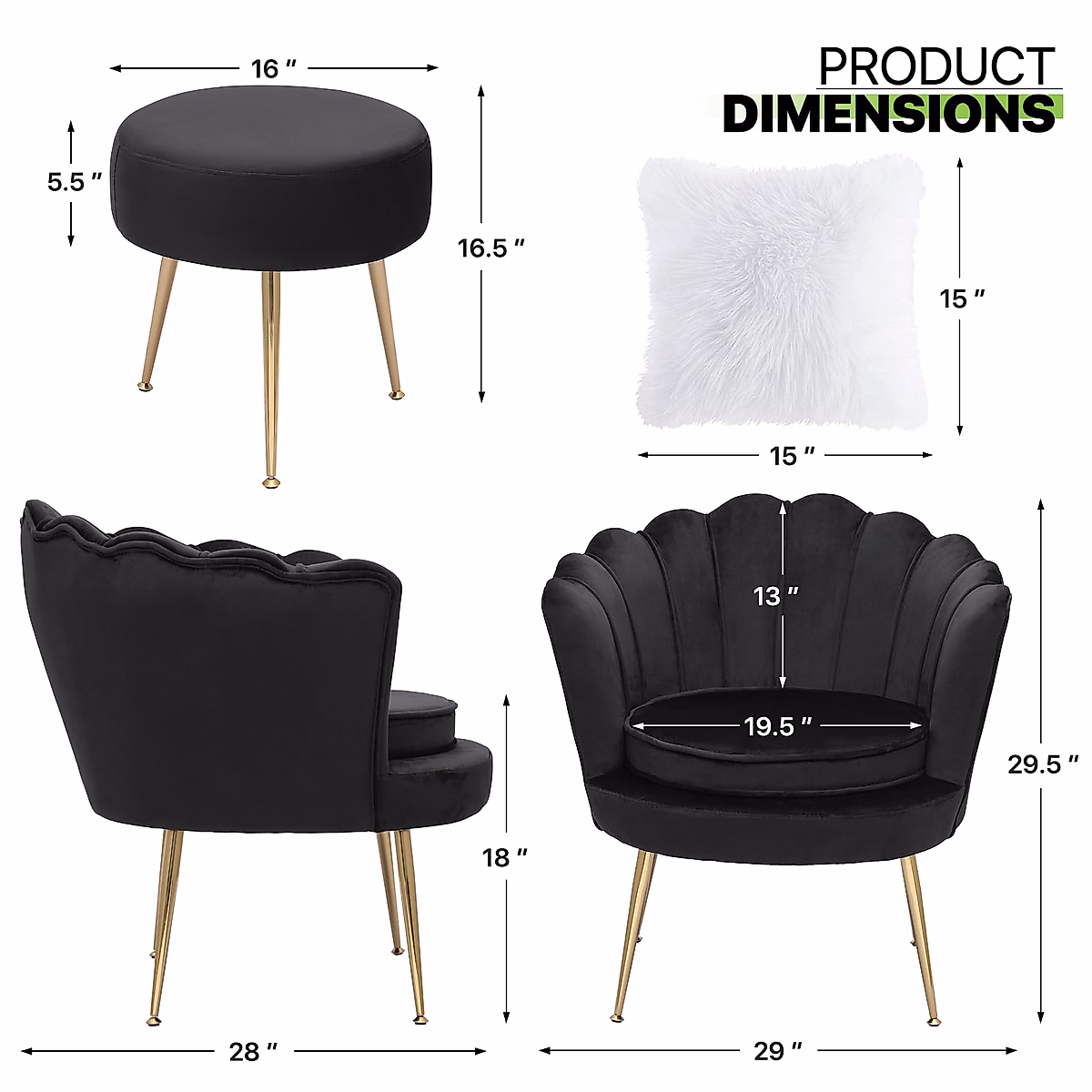 Magshion Modern Velvet Scalloped Back Accent Chair - Black, 250 lb Weight Capacity, Footrest & Pillow, Indoor Use