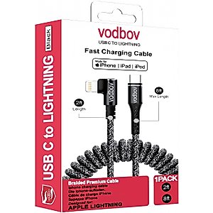VODBOV USB-C to Lightning Cable 2FT to 8FT Right Angle Coiled Charging Cable Durable Coil MFi Certified Charger Cord Zebra Black