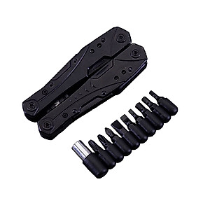 JNEPro Multi Tool | Folding Pocket Knife | 12 in 1 Multi Function Tool w/Nylon Pouch | Stainless Steel | Pliers, Screwdriver & 10 Screw Bits, Bottle/Can Opener, Metal File, Wood Saw | Black