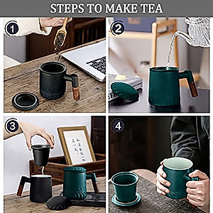 Shimkong Handle Tea Mug, Chinese Ceramic Tea Cup with Infuser and Lid, 13.5oz (Black)