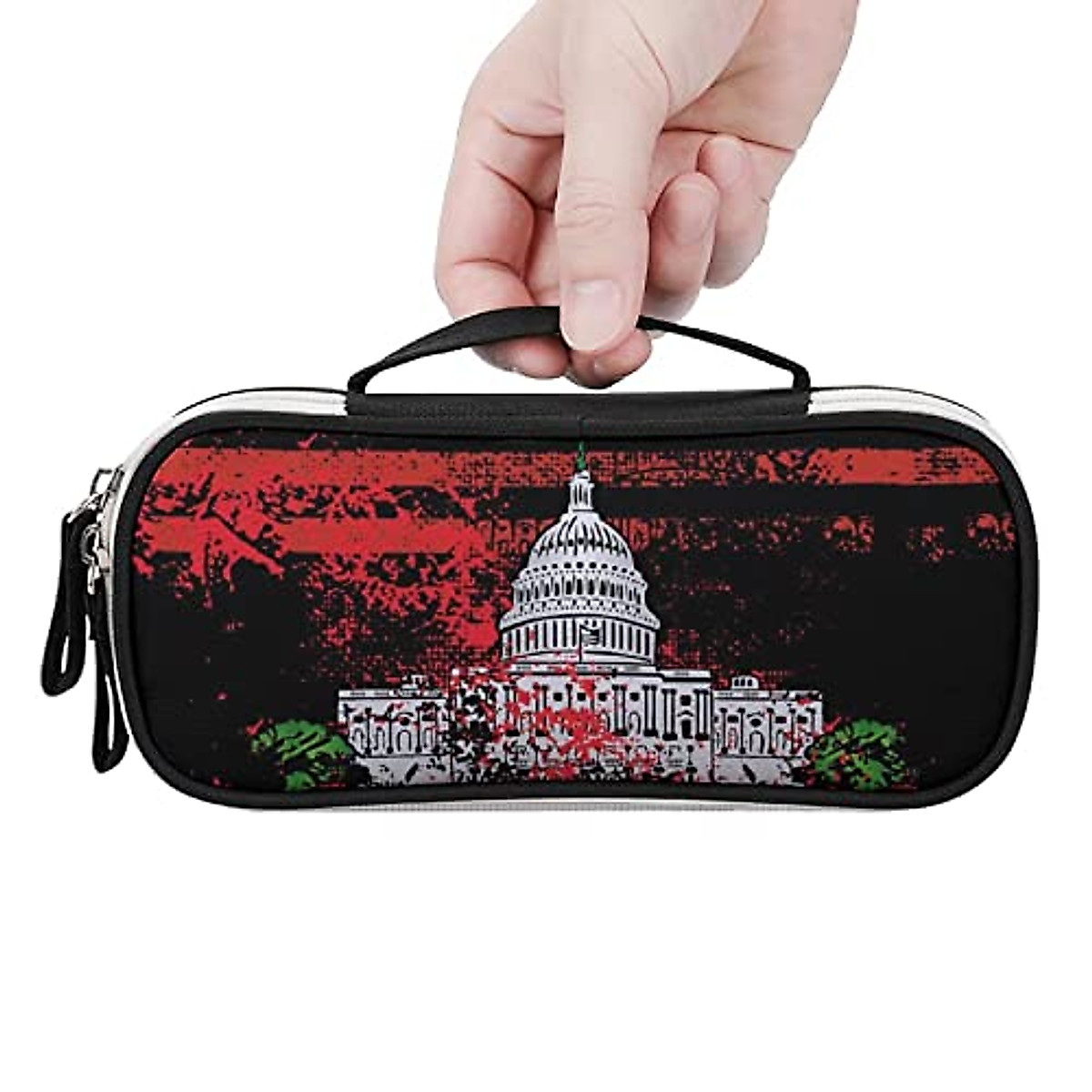 Washington and USA Flag Printed Pencil Case Bag Stationery Pouch with Handle Portable Makeup Bag Desk Organizer