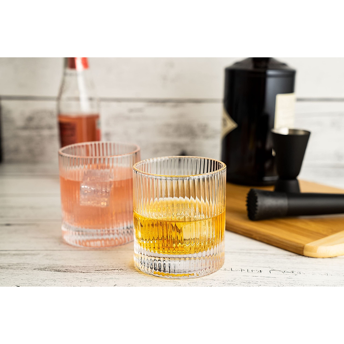 LEMONSODA Premium Vintage Straight Line Double Rocks Glasses and Tumblers - Quality Glass Great for Gifts, Men, Dad, Husband, Women, Whiskey Lovers (10 oz Tumblers - Set of 4)