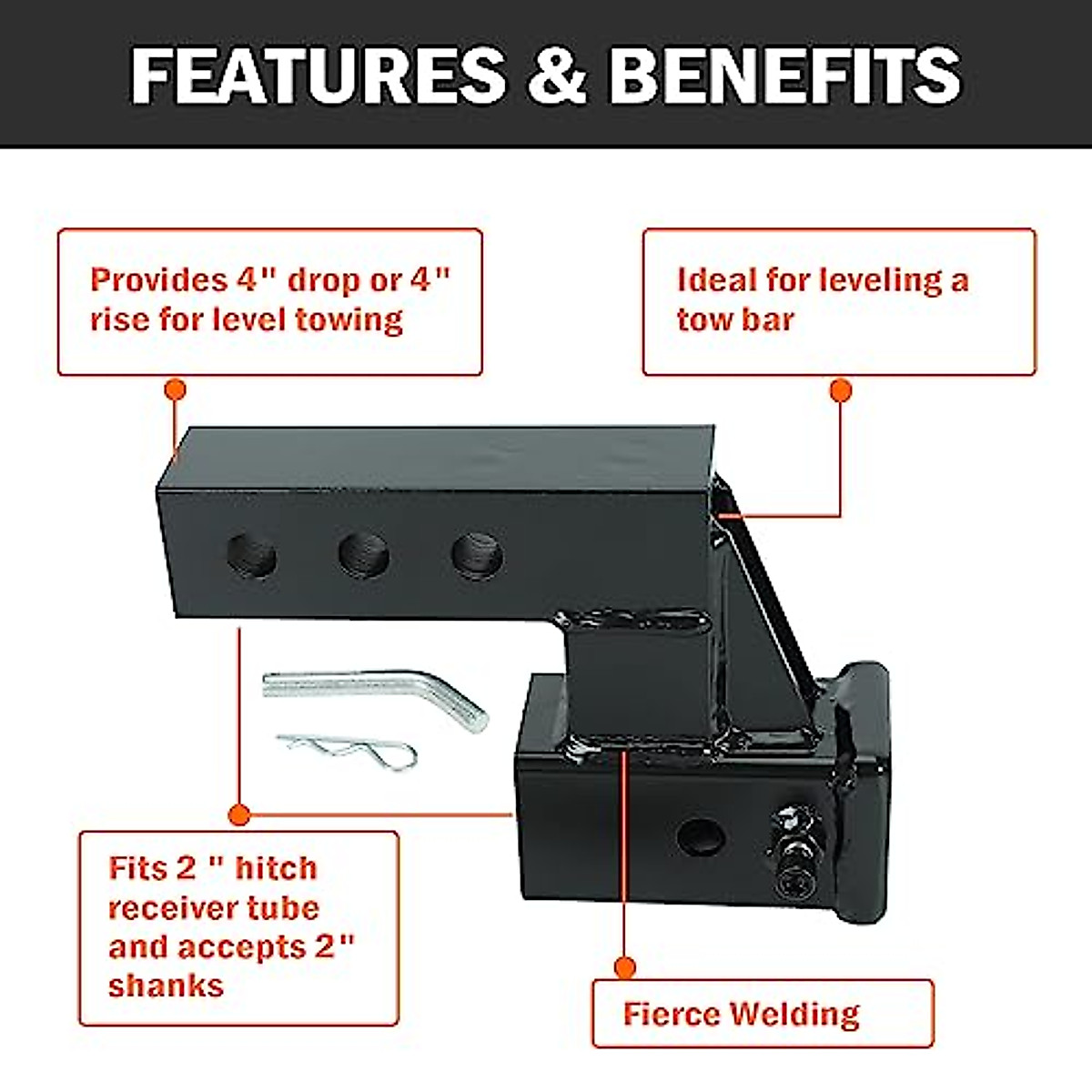 Hitch Receiver 2 Inch, Trailer 4" Drop/Rise Hitch Receiver Adapter Extension Class 3 2 Receiver Hitch with Pin and Clip
