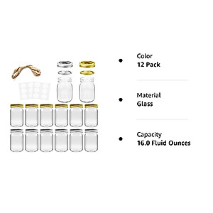 Mason Jars 16 oz with Lids, SPANLA Pint Canning Jars with Regular Lids and Bands,16 oz Glass Jars Ideal for Jam, Honey, Wedding Favors, Shower Favors, Baby Foods, 12 PACK, 12 Whiteboard Labels
