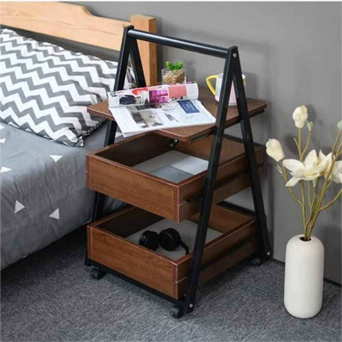 Gdrasuya10 3 Tier Retro End Table Side Table, 2 Adjustable Drawers Nightstand with Storage Shelf Wood Sofa Bedside Table with Rolling Casters for Bedroom