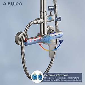 Airuida SUS304 Outdoor Shower Fixture Brushed Nickel Exposed Shower Faucet Combo Set Single Handle 8 Inch Thicken Rainfall Showerhead With Handheld Spray Wall Mount Dual Functions