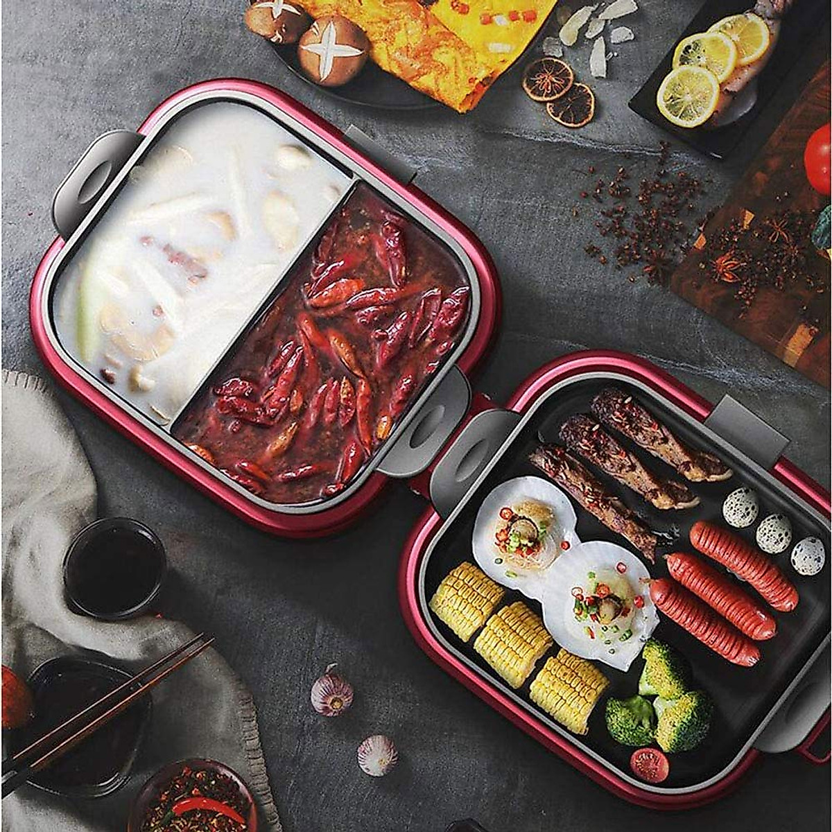 Electric Frying Pan Electric Skillet Multi-Function Two-in- Electric Smokeless Baking Pan Home Barbecue Hot Pot Body Pot