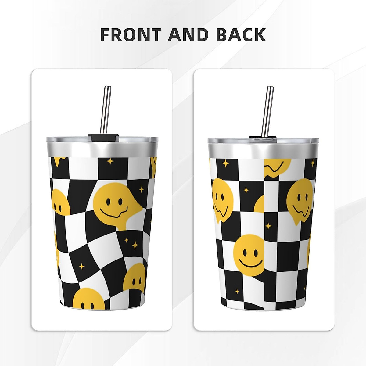 PAYOHTO Funny Melt Smile Faces Geometry Pattern Insulated Stainless Steel Tumbler 12 oz Thermos Come with Straw Kids Leak-Proof Travel Mug Cup