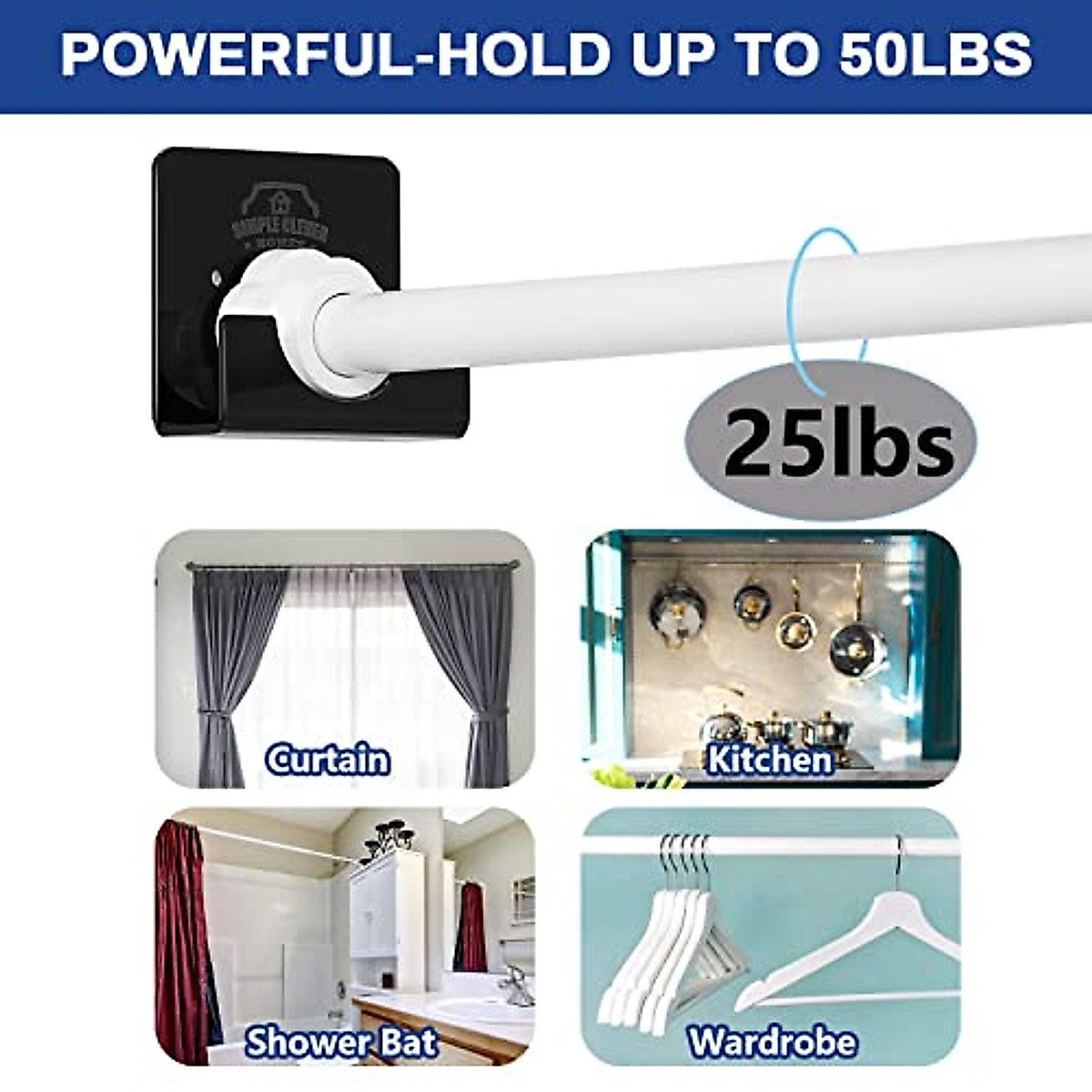 Black Acrylic Bathroom Curtain Rod Holders Adhesive Non Slip Curtain Hangers Pole Holders for Drapes No Drill Stick On Wall Mounted Bath Rod Gripper 2 Piece Square Shower Rod Brackets for Wall