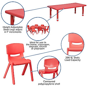 EMMA + OLIVER 24" W x 48" L Red Plastic Adjustable Activity Table Set-6 Chairs