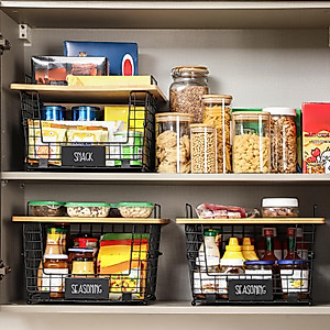 2 Set Kitchen Counter Basket with Bamboo Top - Pantry Cabinet Organization and Storage Wire Basket - Countertop Organizer for Produce, Fruit, Vegetable (Onion, Potato), Bread, K-Cup Coffee Pods