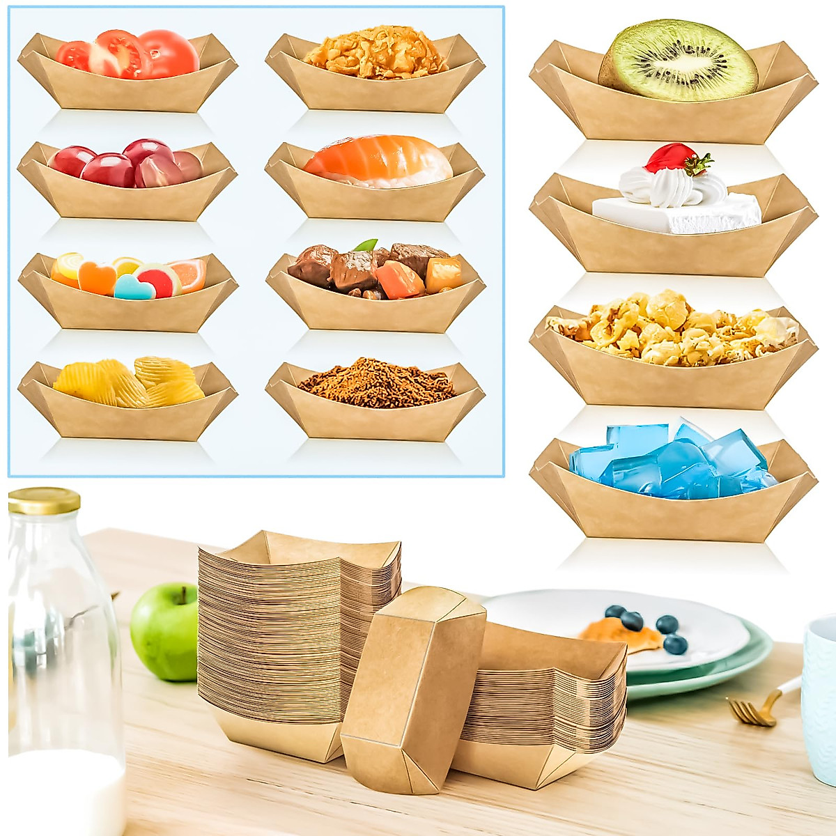 MotBach 150 Pack 1/4Lb Paper Food Boat Trays Disposable Small Paper Boats Plates Containers, 0.25Lb Mini Kraft Food Serving Boat Tray Baskets for Snack Fries Dessert Popcorn BBQ Sauce Tacos Nacho