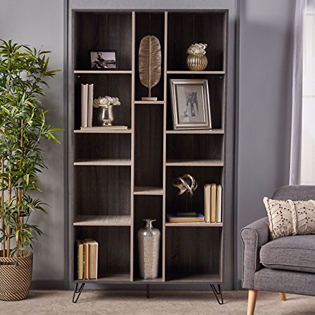 Christopher Knight Home Imogen Modern Two-Toned Faux Wood Bookshelf, Sonoma Grey Oak / Grey Oak / Black