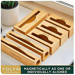 YOLYN Bamboo Kitchen Drawer Organizer Box - Baggie, Foil, Plastic & Wrap Food Storage with Dispensers & Cutters for Gallon, Quart, Sandwich & Snack Bags - 6 Pices set