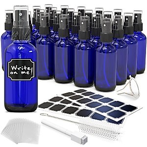 Nevlers 24PK 4 Oz Blue Glass Spray Bottles | Small Glass Spray Bottle Set w/Shrink Wrap, Labels & More| Small Spray Bottle For Use as Travel Size Spray Bottle, Mister Bottle & Spray Bottles for Hair