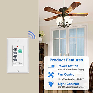 Ceiling Fan Remote Control Kit, Universal Wall Mount Fan Switch Replacement for Hampton Bay Harbor Breeze Hunter, UC9050T Wired Transmitter & R28 Receiver Kit, Fan 3 Speed Adjustable and Light Dimmer