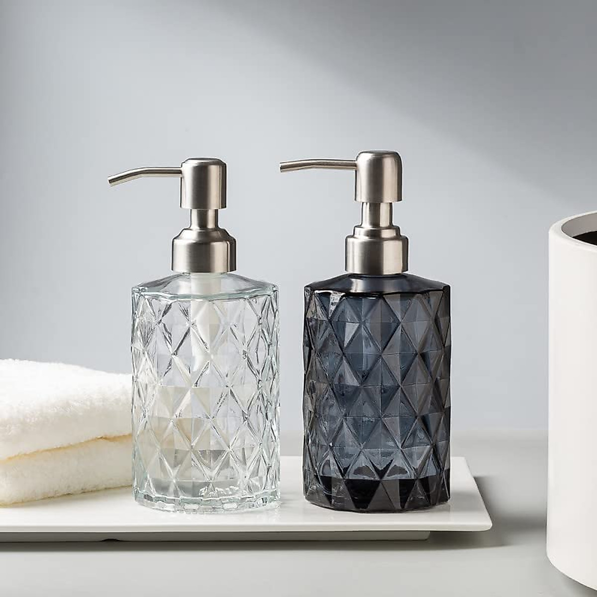 Easy Tang Glass Hand Soap Dispenser Bathroom Kitchen 12Oz with Silver Pump Refillable Liquid Dispenser (Magenta)