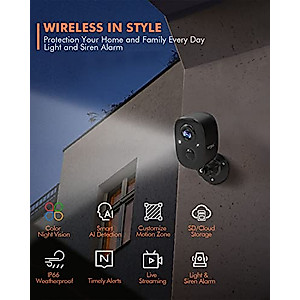 Dzees Security Camera Outdoor Wireless - Battery Powered WiFi Outdoor Camera Wireless, Spotlight, Siren, AI Dectection, Color Night Vision, IP66 Waterproof Cloud/SD-Black